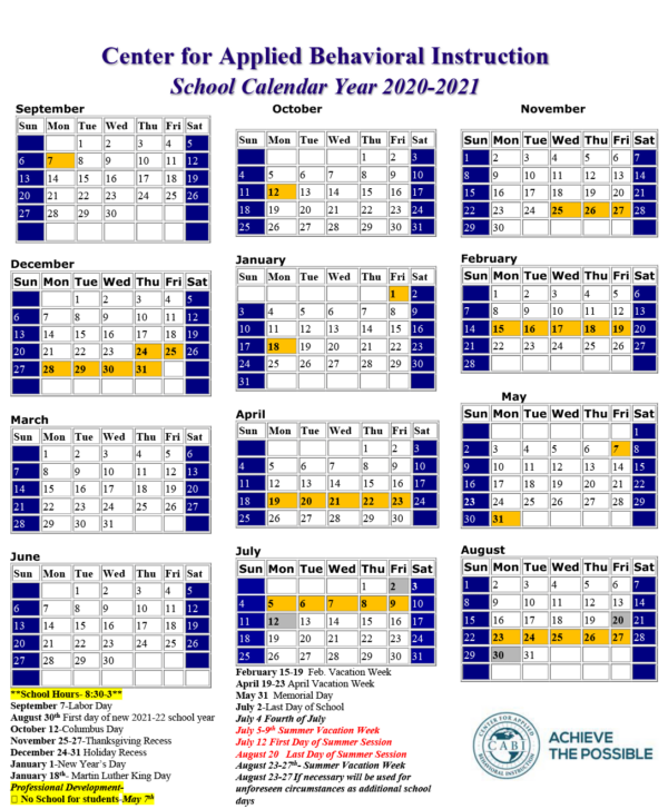 School Calendar - Center for Applied Behavioral Instruction
