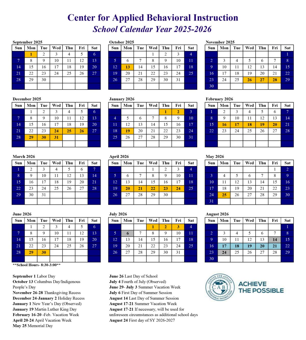School Calendar - Center for Applied Behavioral Instruction